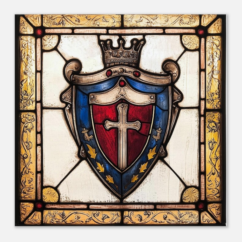 Medieval Crest, Stained Glass Canvas Art of a Heraldic Shield With ...