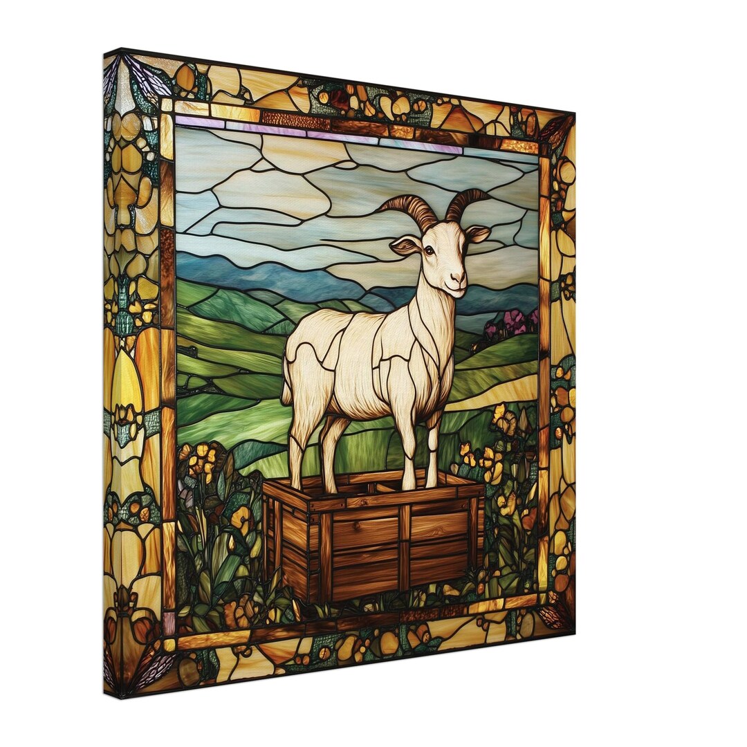 Standing Goat on Crate, Stained Glass Canvas Art of Farm Animal, Faux ...