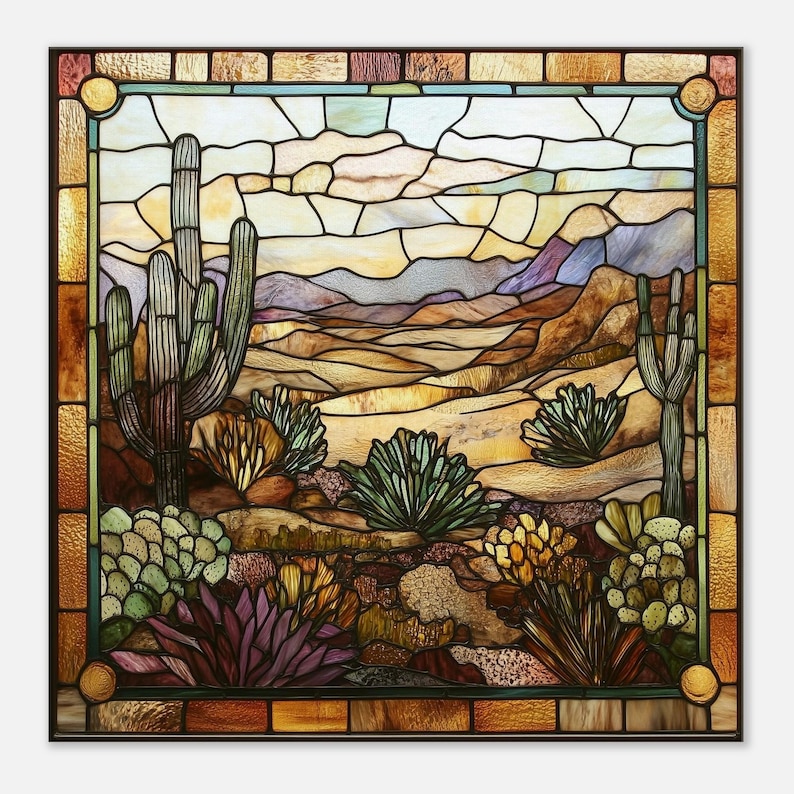 Desert Bloom, Stained Glass Canvas Art of a Vibrant Desert Landscape ...