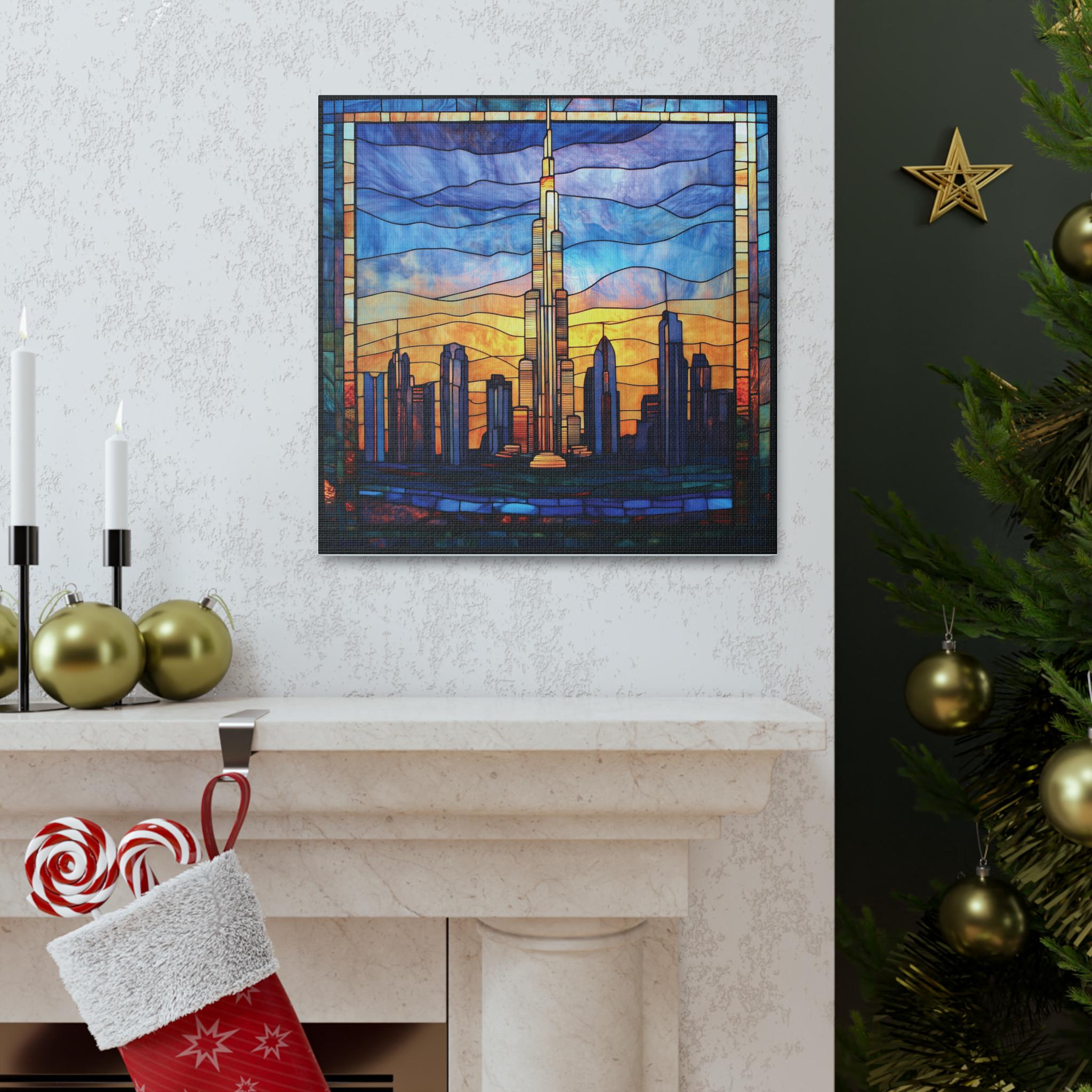Burj Khalifa Glow Stained Glass Canvas Art of Dubai Skyline Faux ...