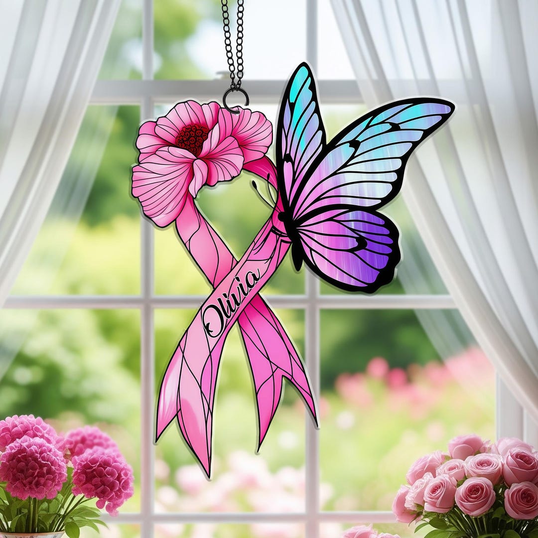 Custom Name Pink Ribbon Acrylic Suncatcher, Breast Cancer Awareness ...