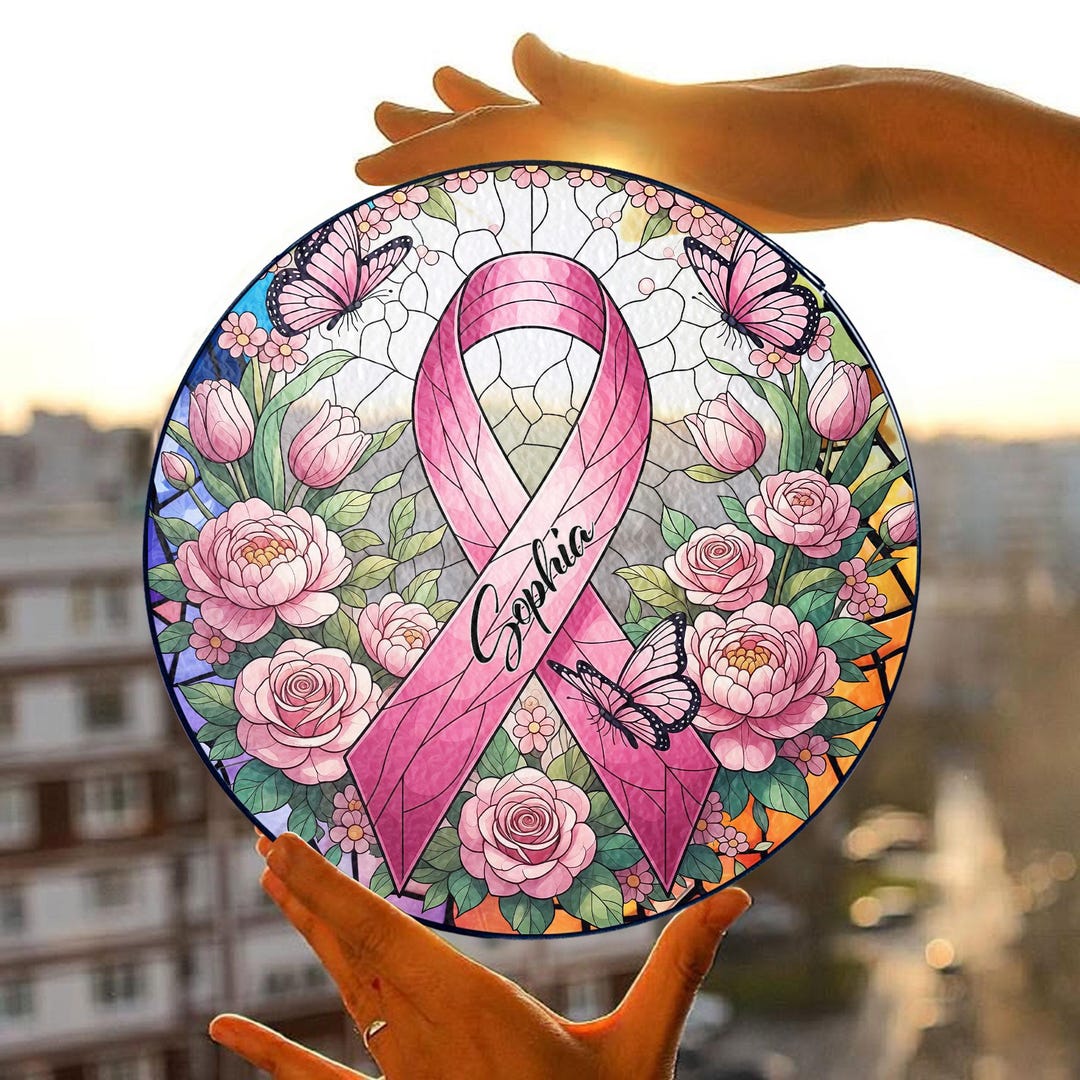 Custom Name Pink Ribbon Glass Suncatcher, Breast Cancer Awareness ...