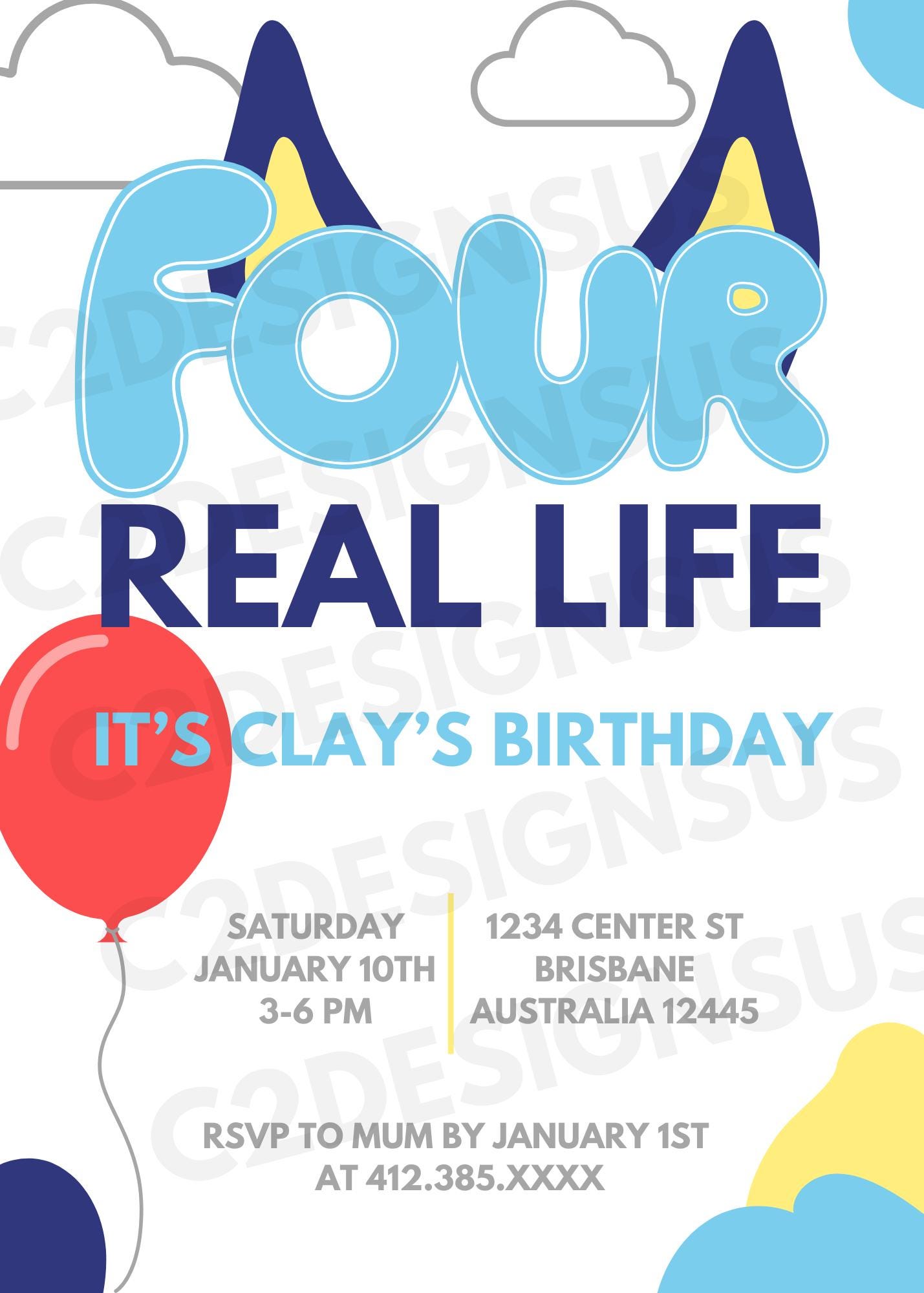 Editable Four Real Life Bluey Inspired Birthday Invitation Template ...