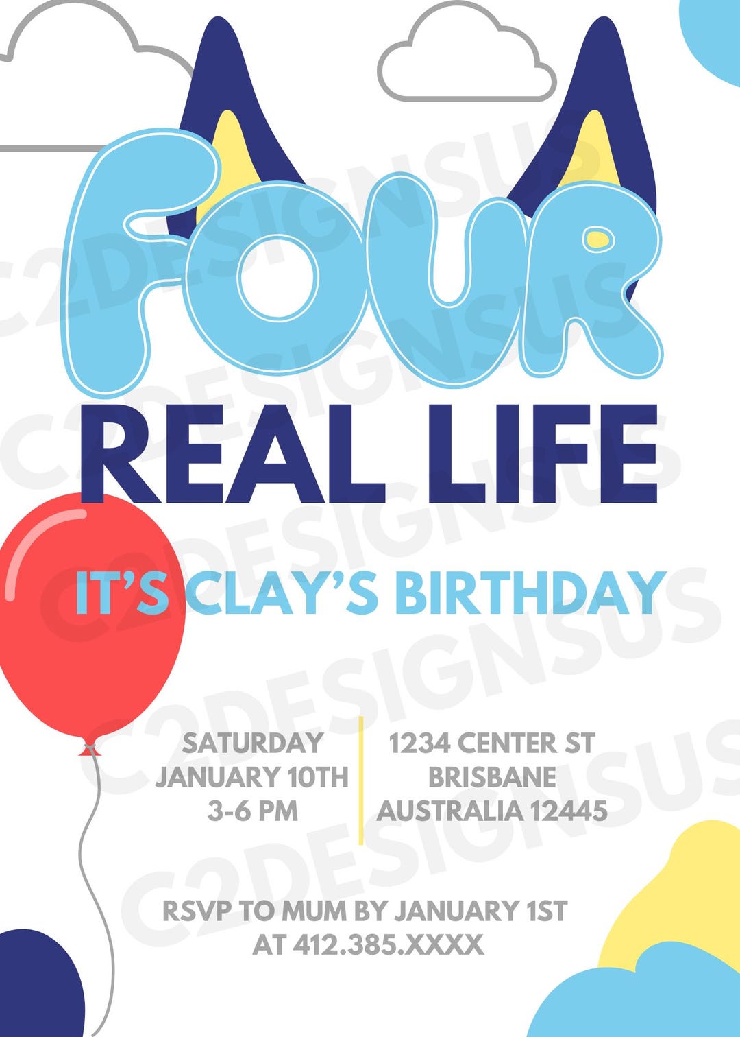 Editable Four Real Life Bluey Inspired Birthday Invitation Template ...