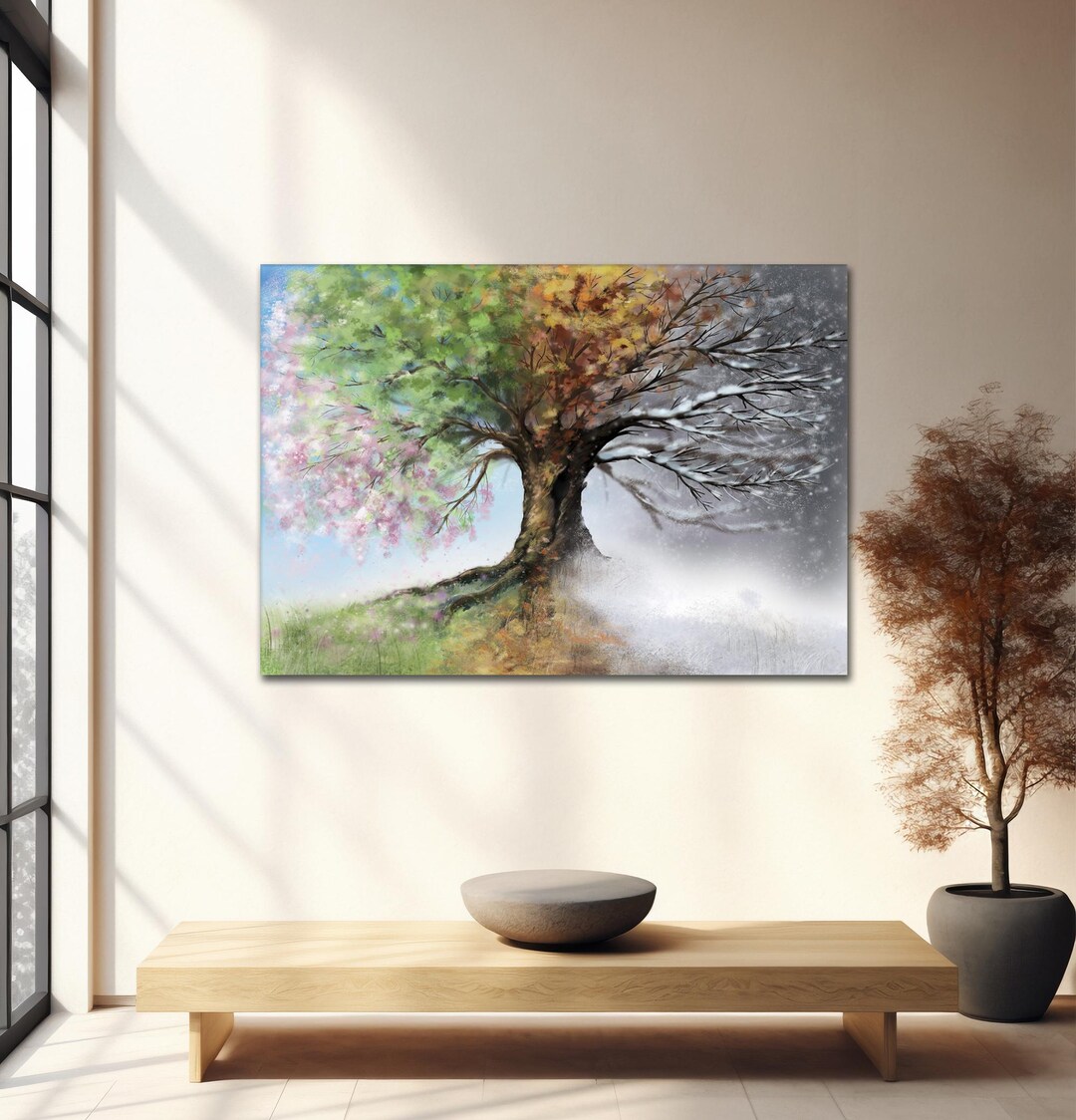 Tree With Four Seasons Canvas Art Print Colorful Modern Design, Four ...