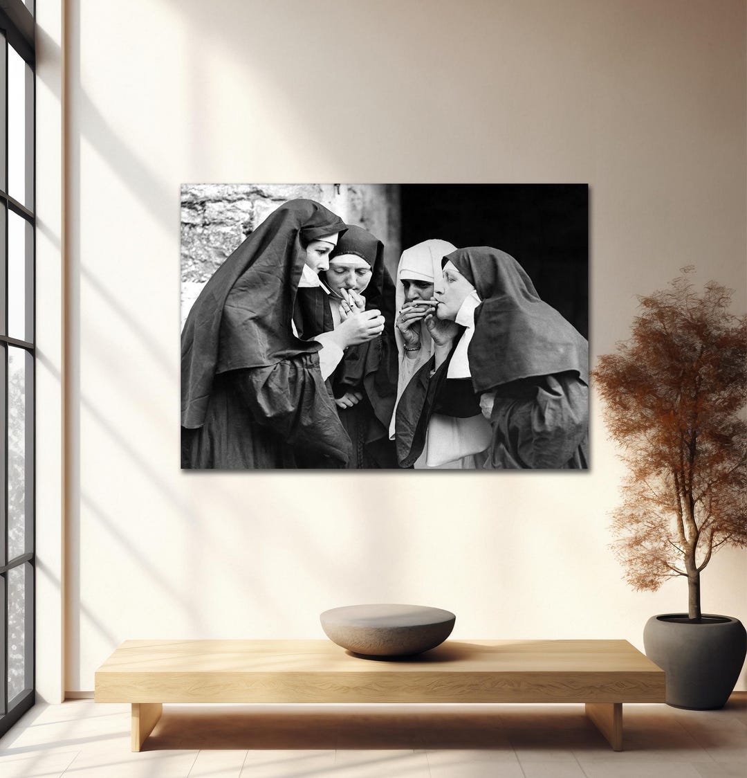 Nuns Smoking Black and White Canvas Wall Art Vintage Funny Print ...