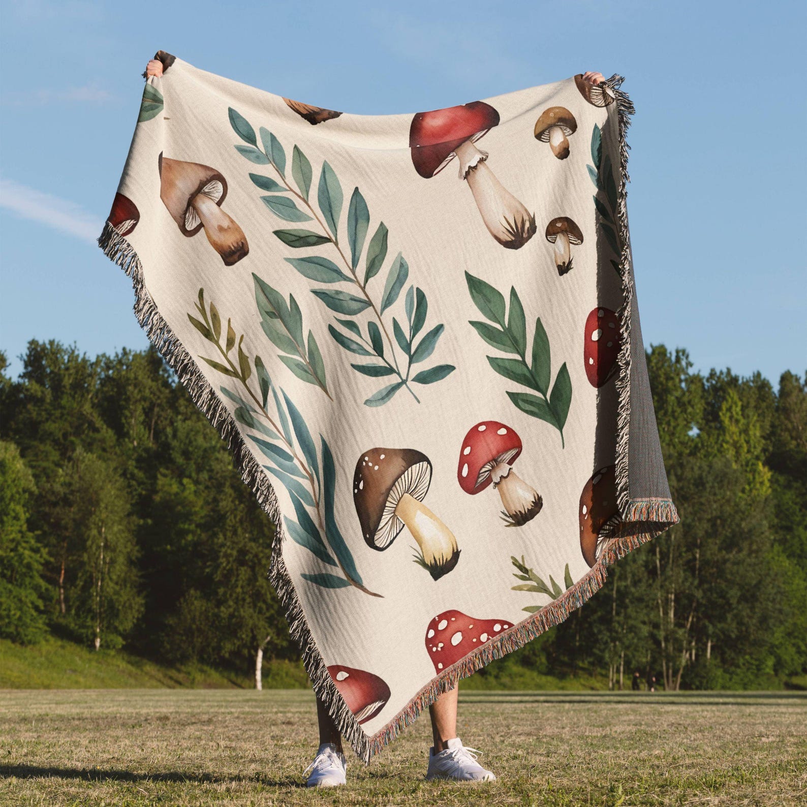 Mushroom Woven Blanket: Cottagecore Botanical Print, 100% Cotton - Etsy