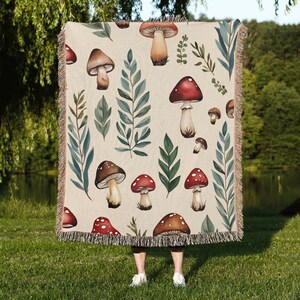 Mushroom Woven Blanket: Cottagecore Botanical Print, 100% Cotton - Etsy