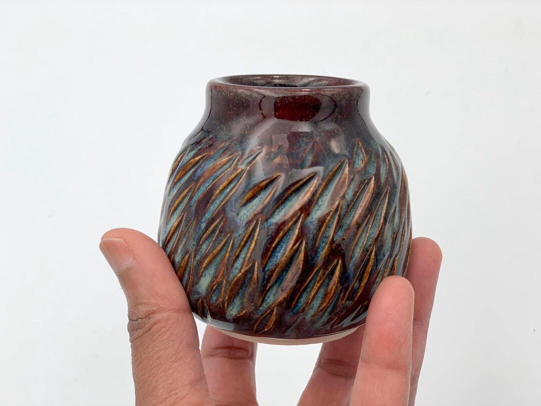 Small Carved Textured Ceramic Vase With Brown and Blue - Etsy