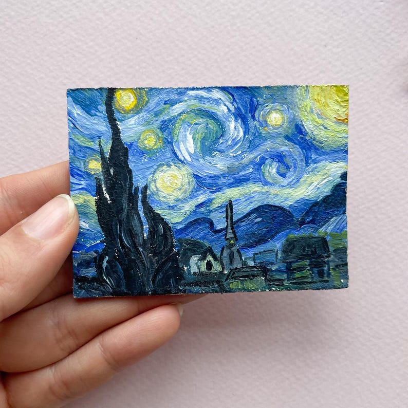 Original Van Gogh Style Miniature Oil Painting Starry Sky 3x2 Inches - Etsy