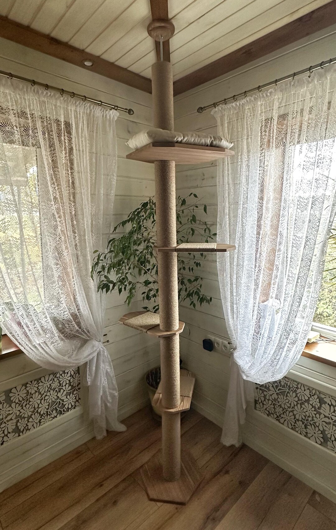 Modern Floor-to-ceiling Cat Tree – Natural Wood Tower With Jute ...