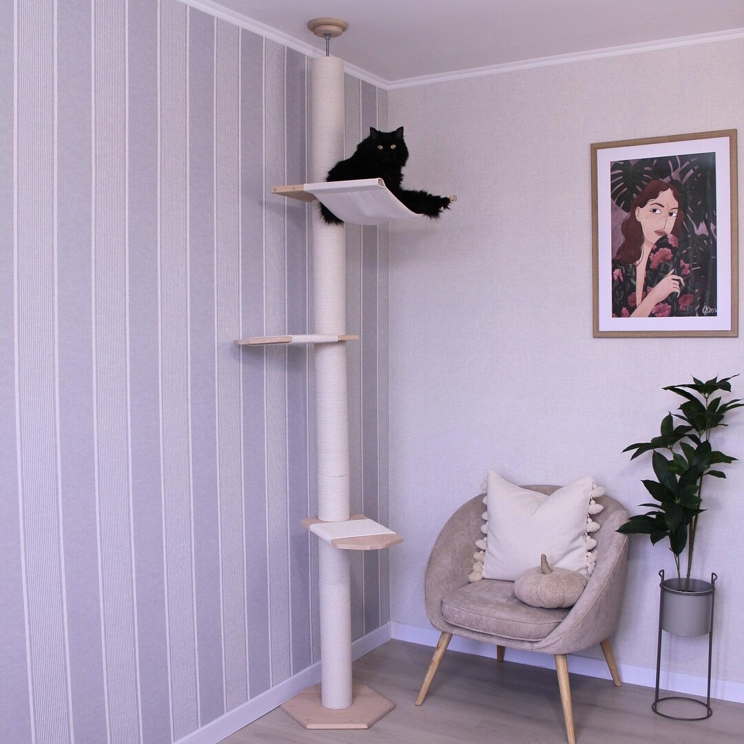 Tall Floor to Ceiling Cat Tower With Hammock, Natural Wood Cat Climbing ...