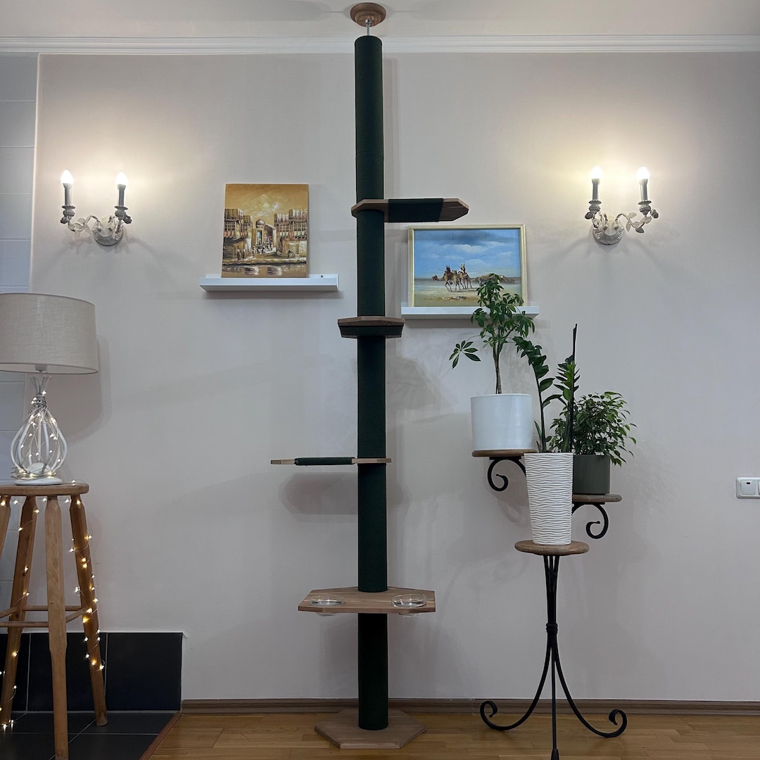 Floor to Ceiling Cat Tower Tree & Feeding Station, Elevated Cat Bowls ...