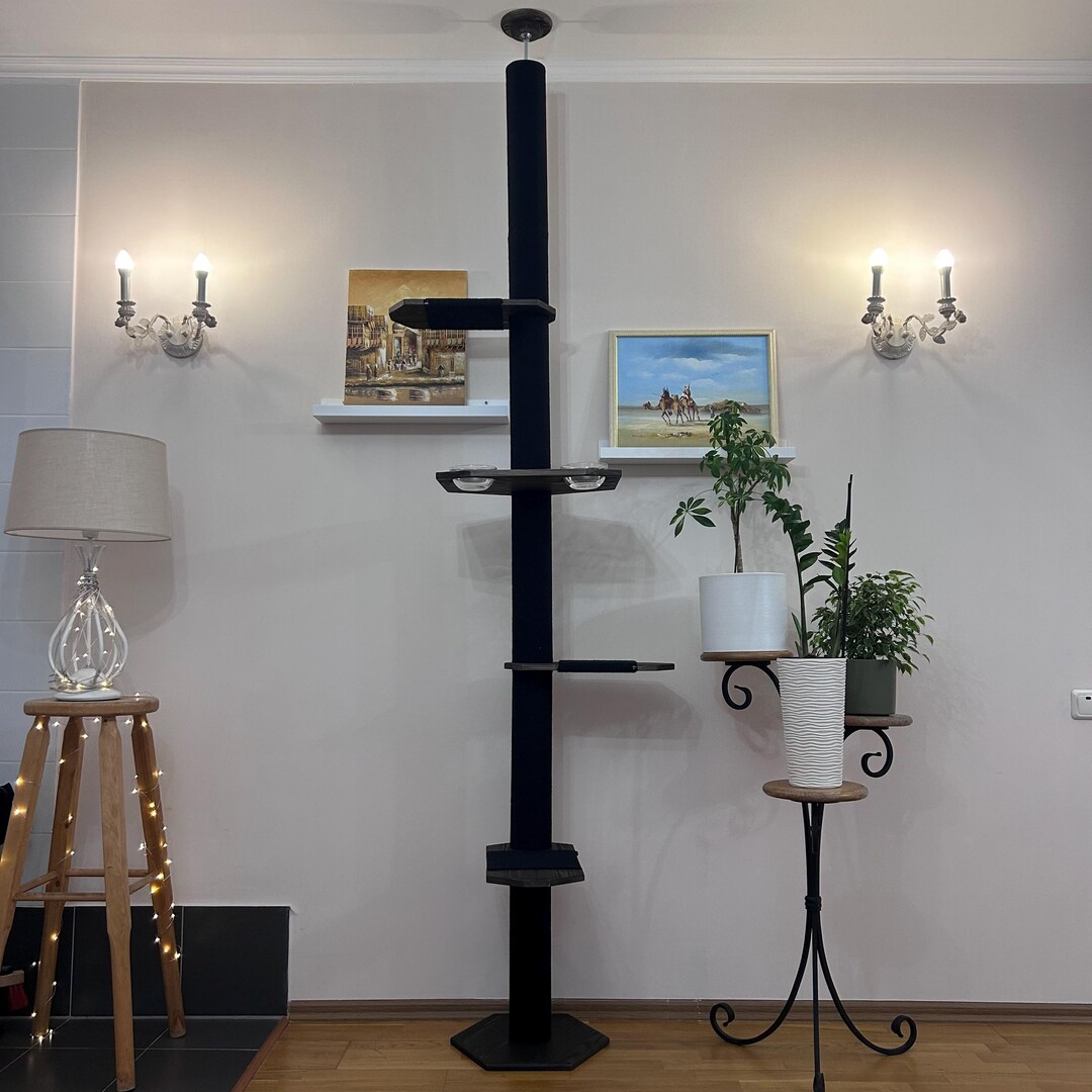 Floor to Ceiling Cat Tower & Feeding Bowls, Cat Feeding Post, Cat Tree ...