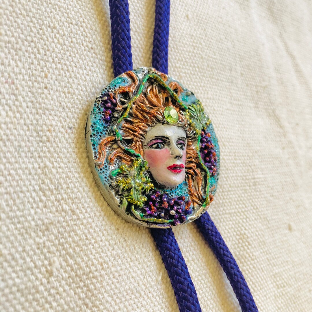 Vintage Signed Wanda Scruby Pewter Goddess Woman Face Bolo Necklace 17. ...