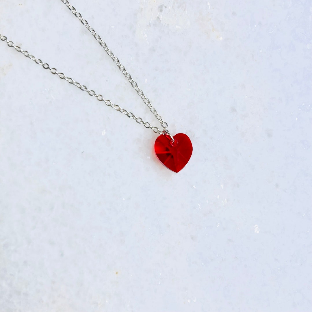 Vintage Ruby Red Crystal Heart Pendant Necklace Silver Chain Gift Stone ...