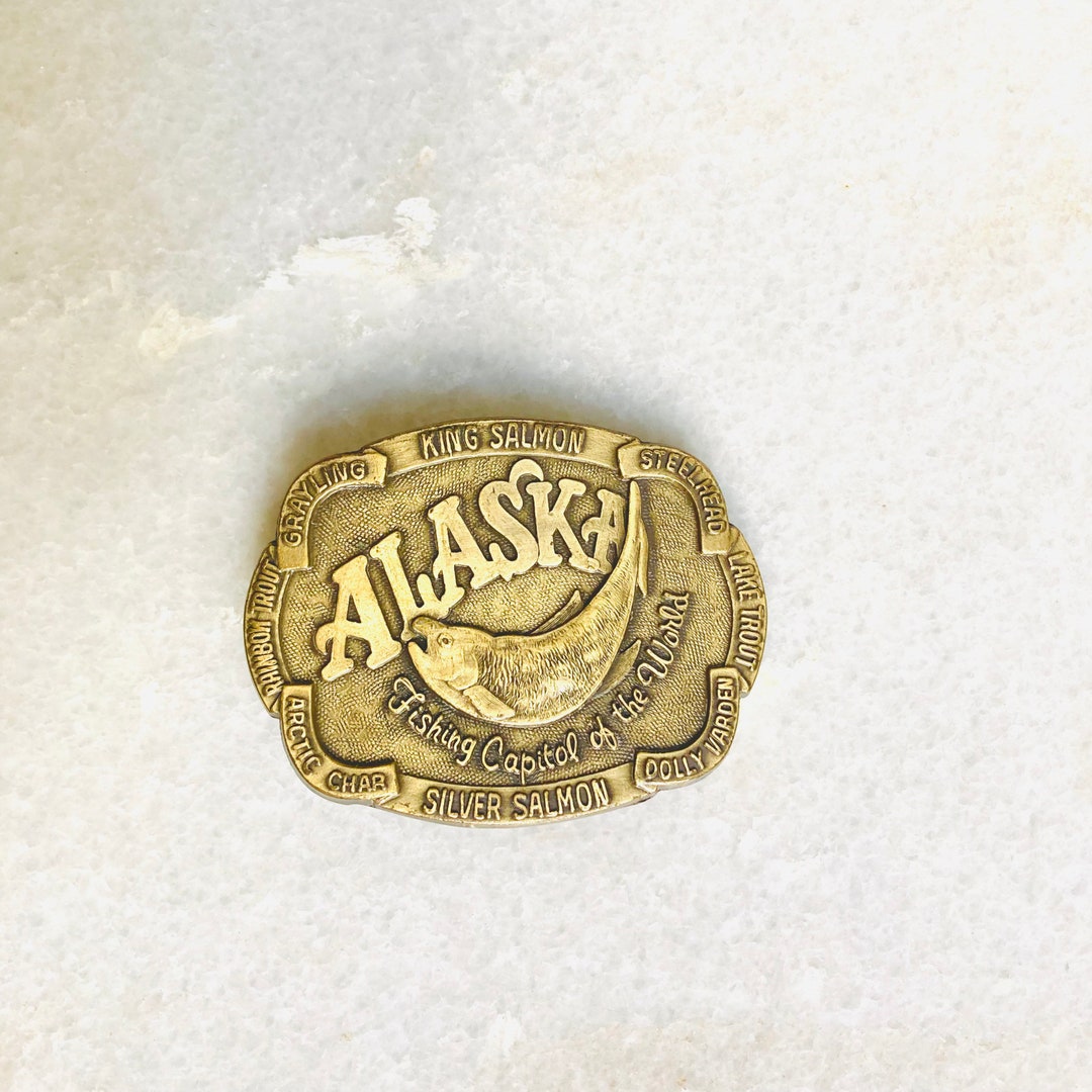 Vintage Big Brass Alaska Mens Belt Buckle Salmon Fishing Capitol of the ...