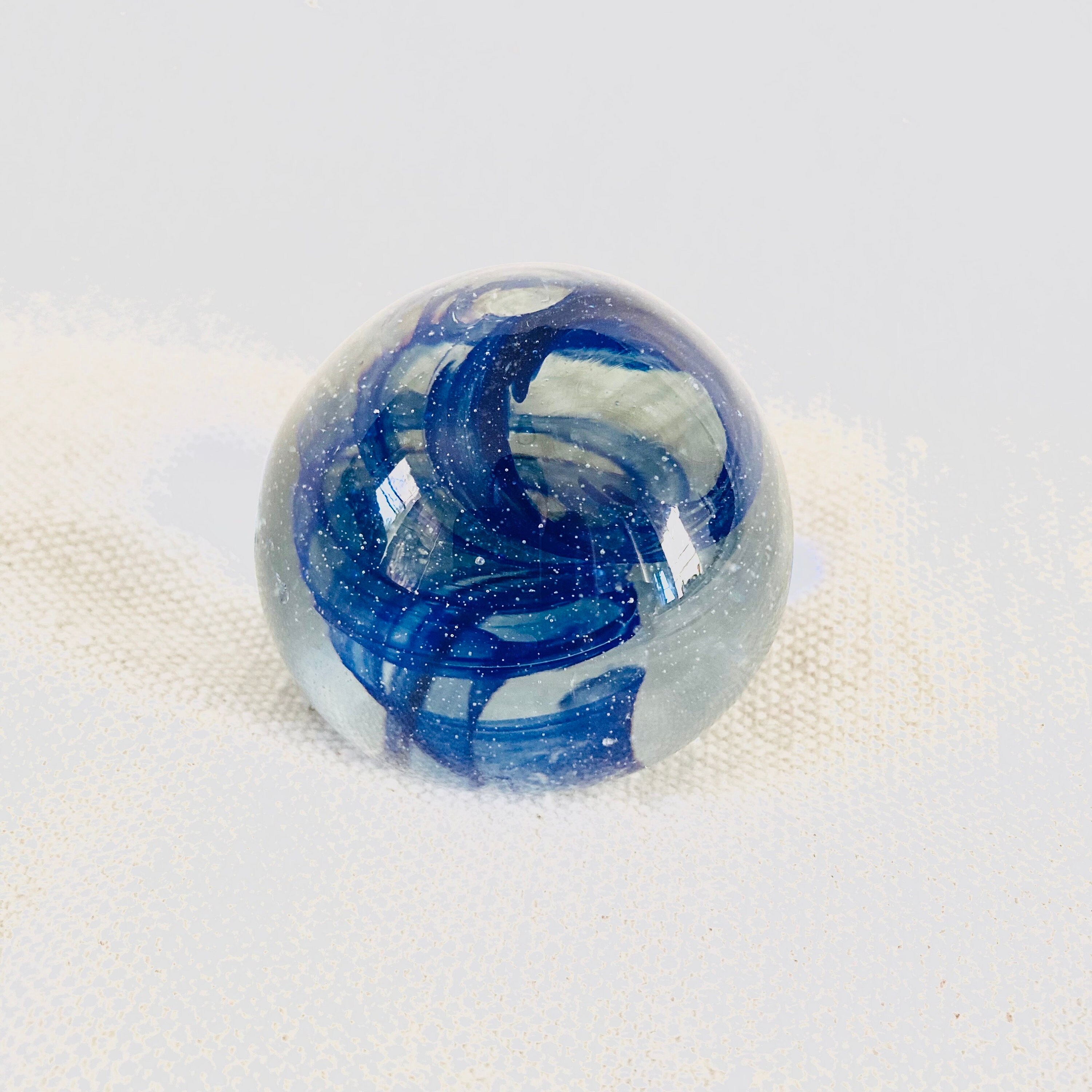 Vintage Small Round Art Glass Paperweight Clear Cobalt Blue Swirl Hand ...