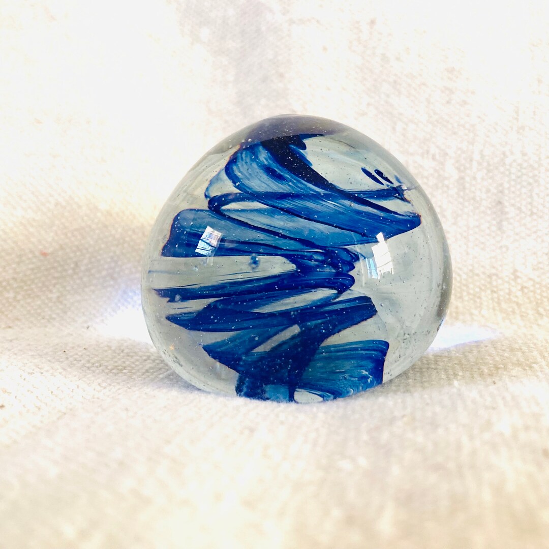 Vintage Small Round Art Glass Paperweight Clear Cobalt Blue Swirl Hand ...