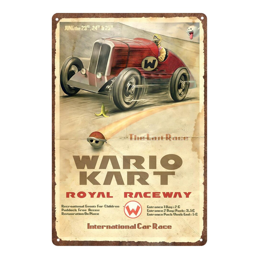 Vintage Wario Kart Metal Sign Early 1900s Racing Poster, Retro Royal ...