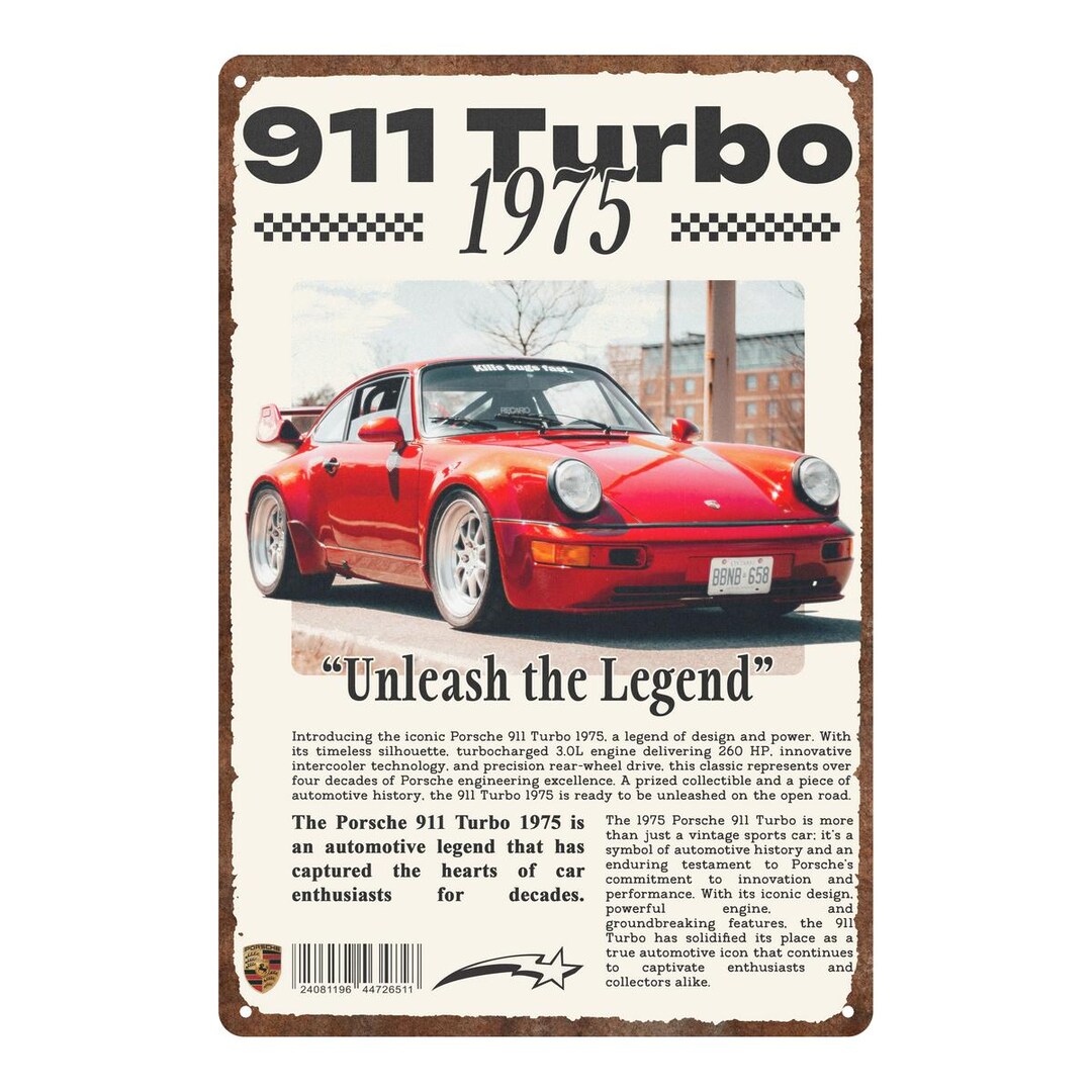 Vintage Porsche 911 Turbo Metal Sign Retro 1975 Wall Art, Iconic Sports ...