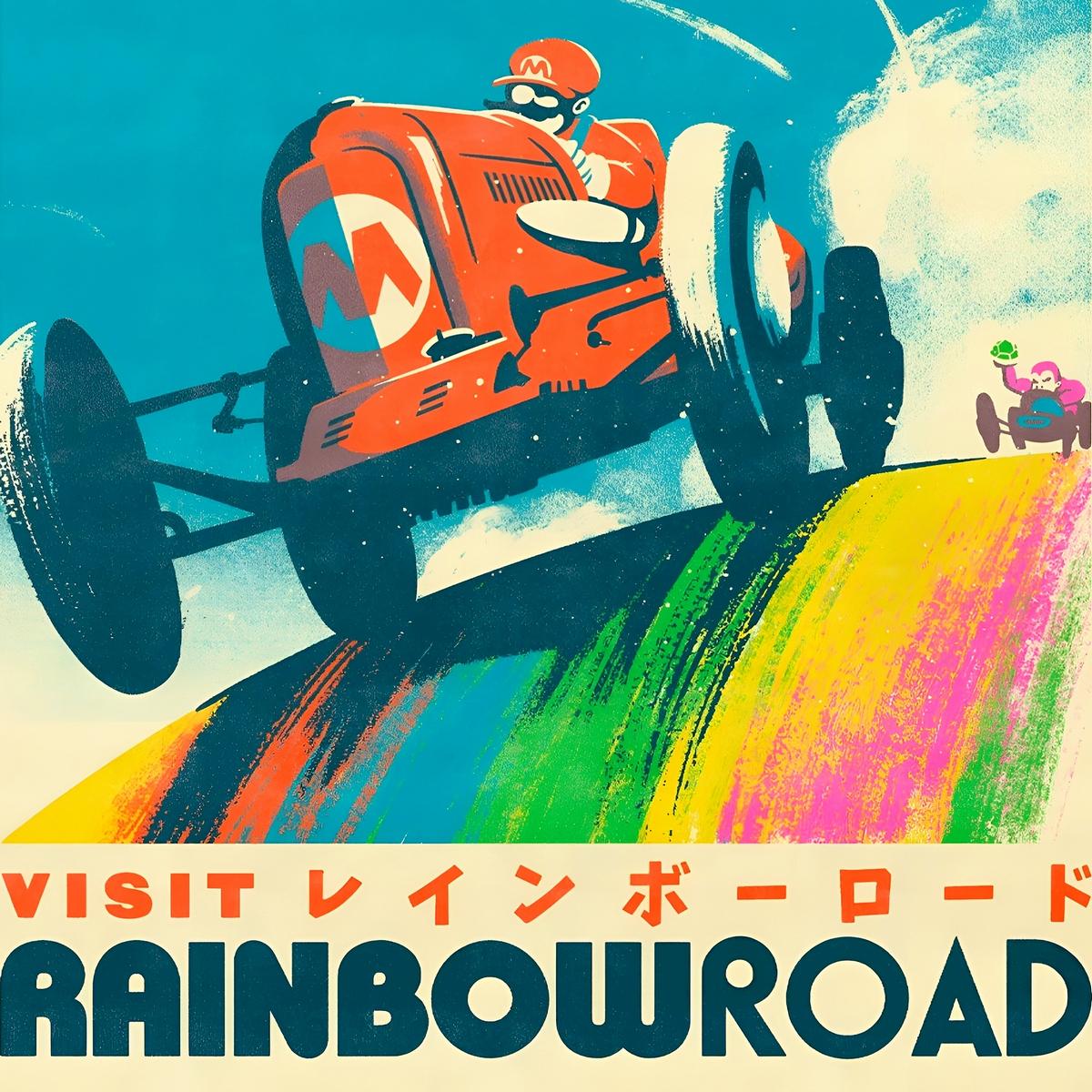 Vintage Mario Kart Metal Sign 1930s Retro Racing Art, Rainbow Road ...