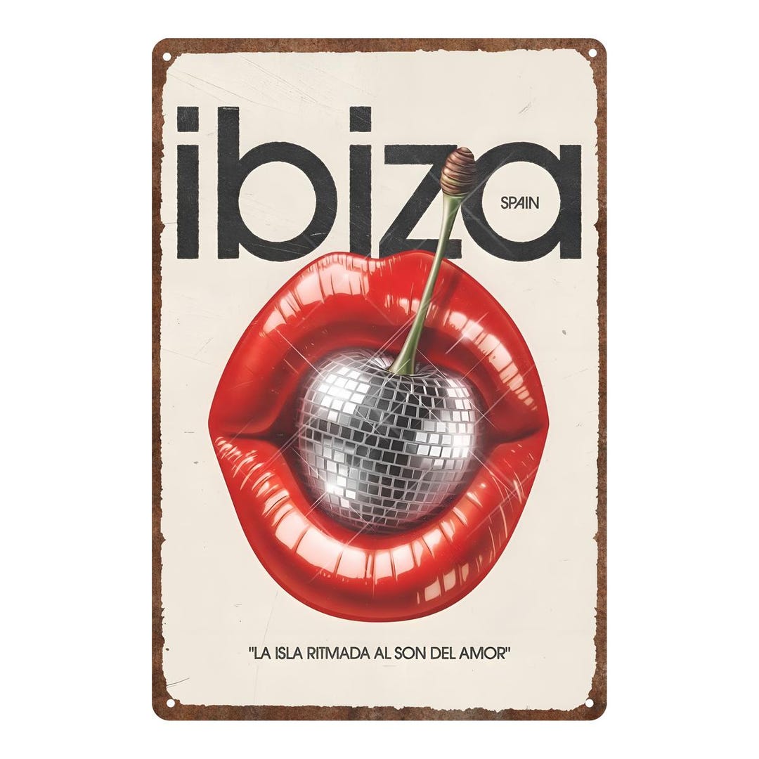 Vintage Ibiza Metal Sign Red Lips With Disco Ball Boho Wall Art, Retro ...