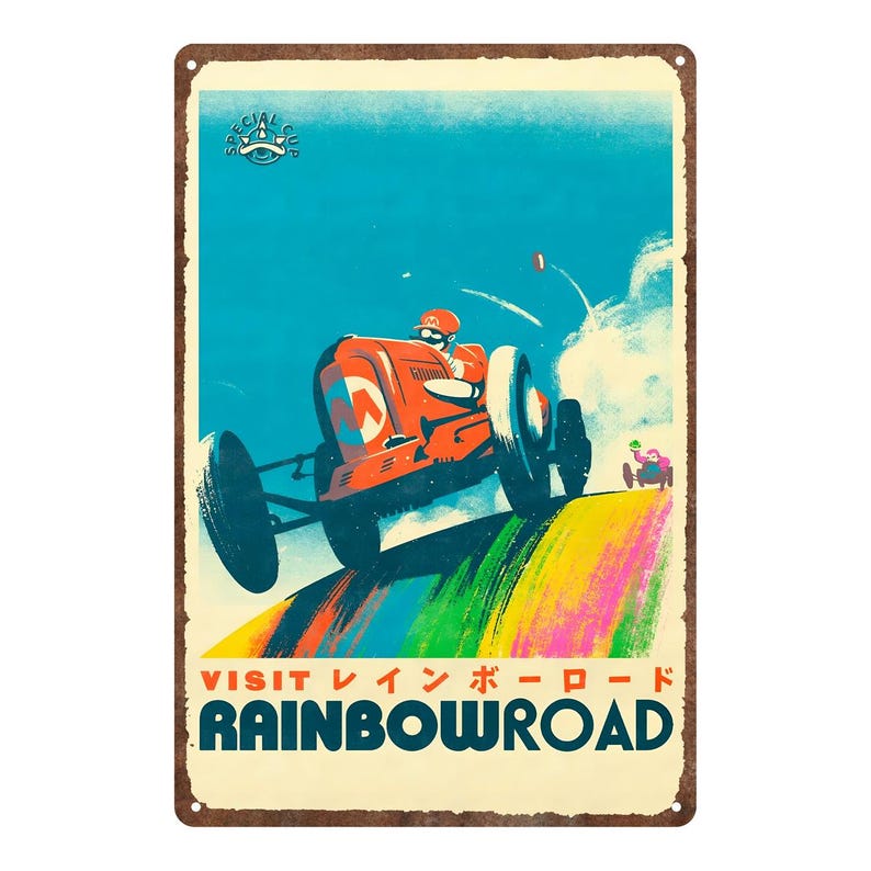 Vintage Mario Kart Metal Sign 1930s Retro Racing Art, Rainbow Road ...