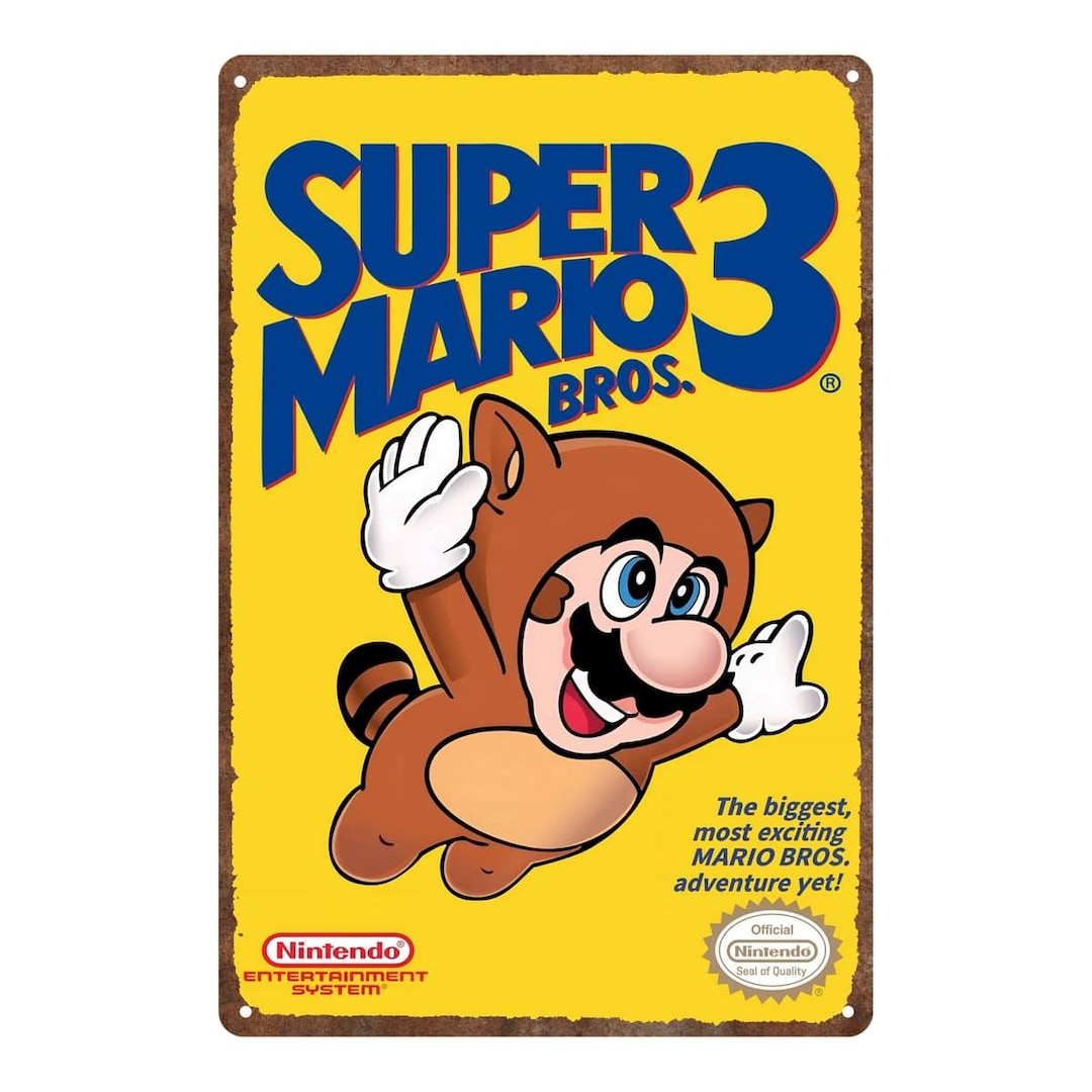 Vintage Super Mario Bros 3 Metal Sign: Tanooki Mario Retro NES Game Art ...