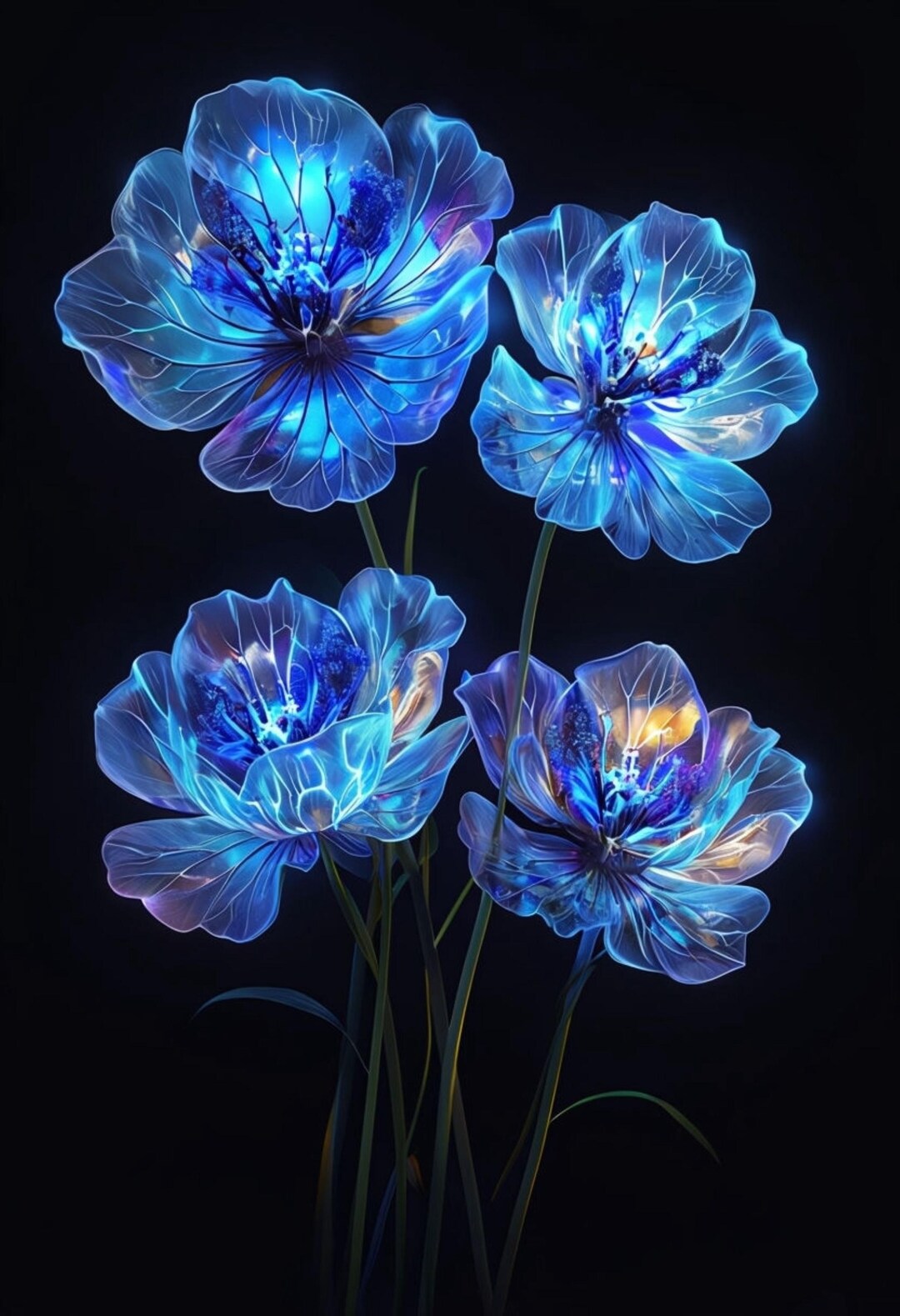 Glowing Cyan Flowers | AI Art Printable | Instant Digital Download (5x7 ...