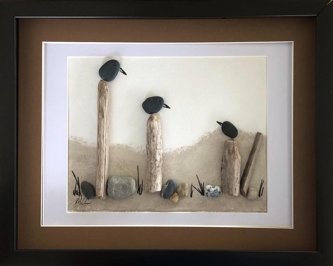 Pebble Art Black Birds Sitting on Driftwood Poles on Beach Wall Art. - Etsy