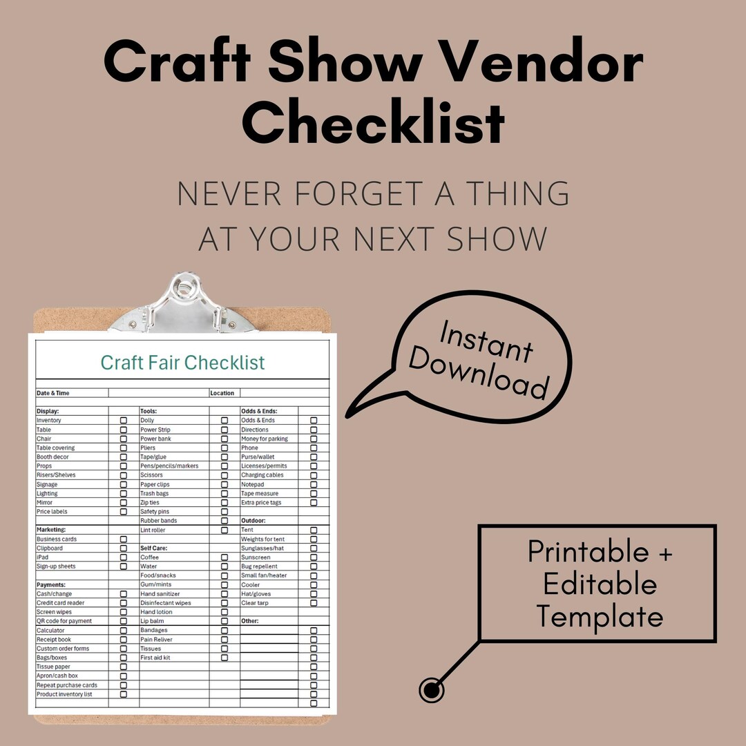 Craft Show Vendor Checklist Printable, Craft Fair & Market Booth ...