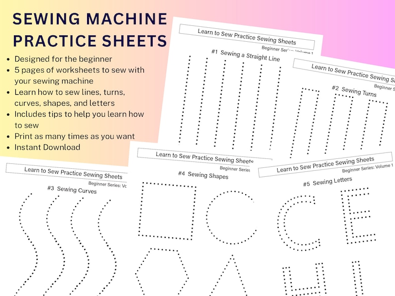 Sewing Machine Practice Sheets for Beginners, Learn to Sew Printable ...