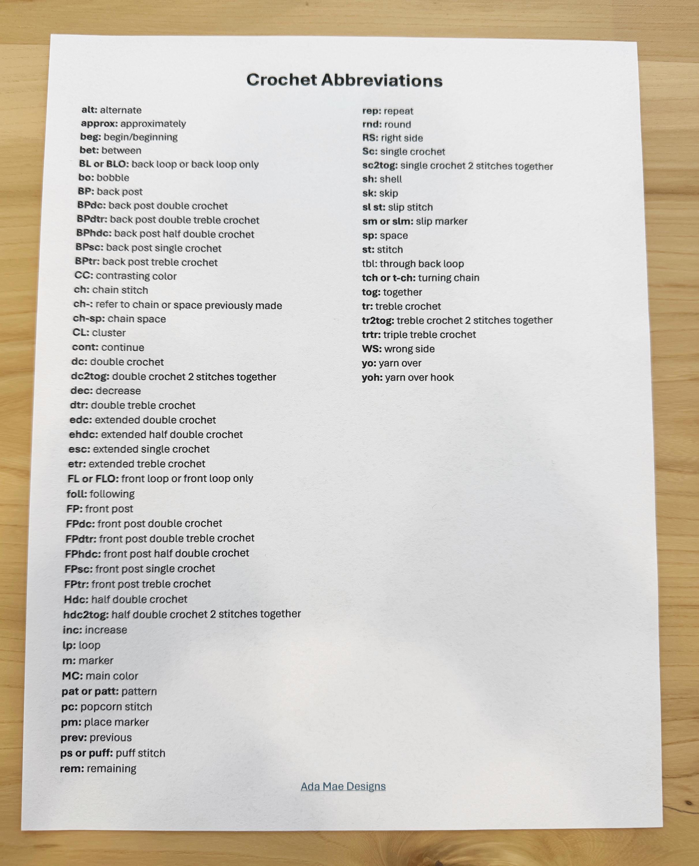 Crochet Abbreviations and Terms Chart in a Printable PDF File (updated ...