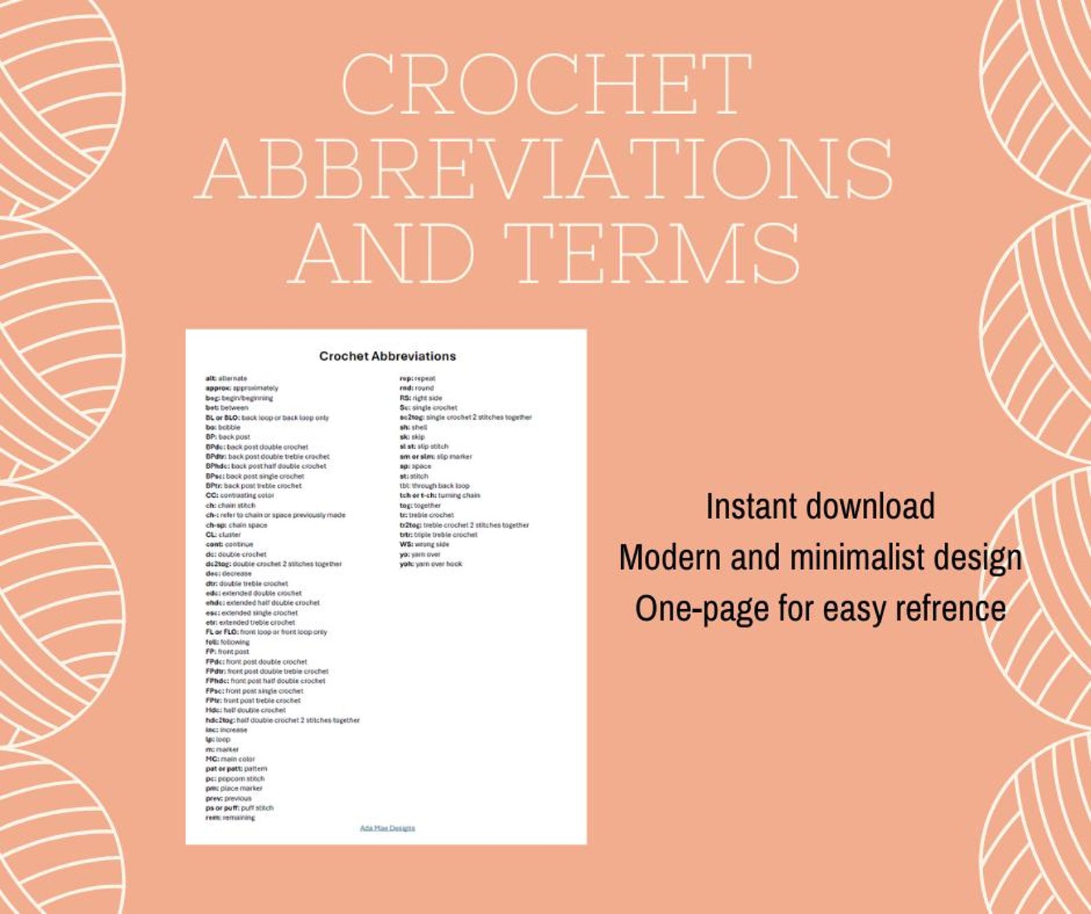 Crochet Abbreviations and Terms Chart in a Printable PDF File (updated ...