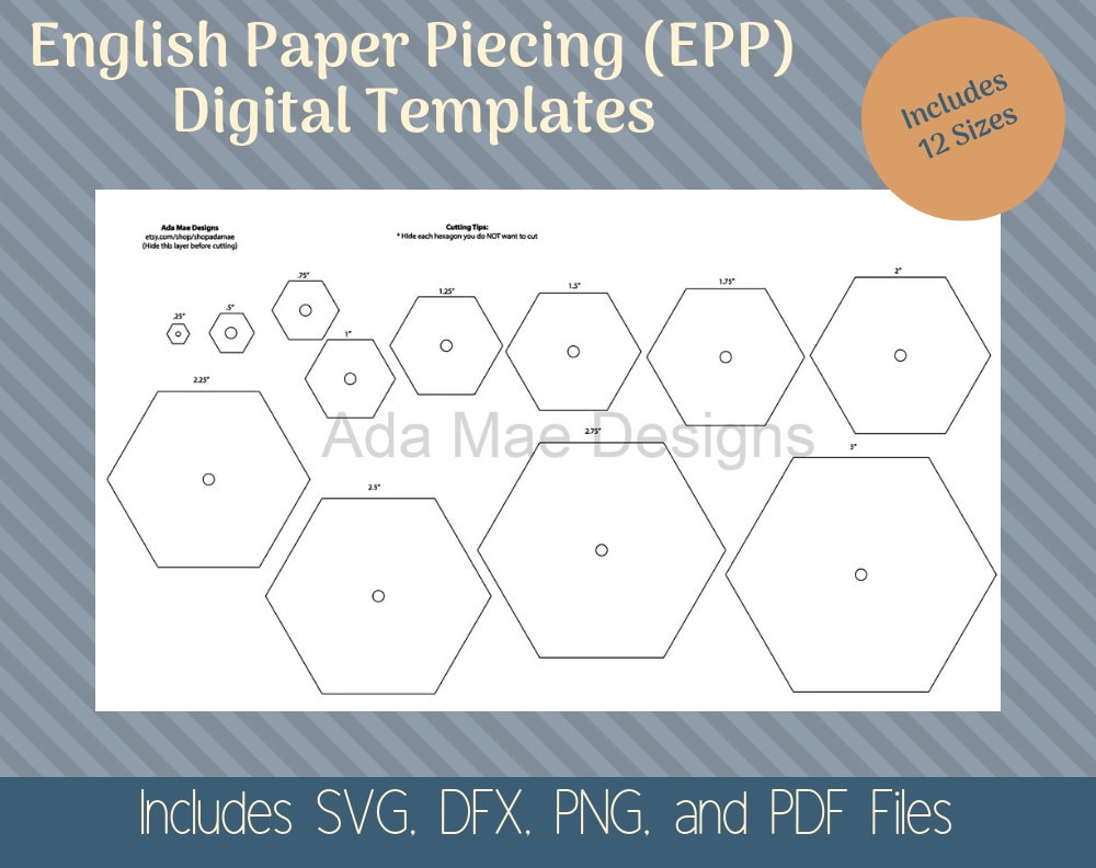 Hexagon English Paper Piecing Templates, Digital Download, 12 Different ...