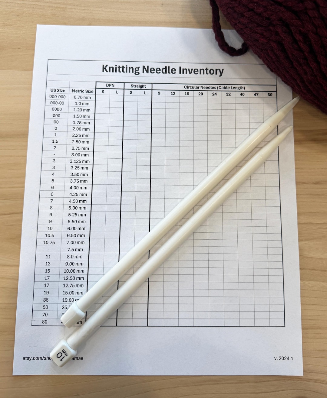Knitting Needle Inventory (printable and Digital PDF and Spreadsheet ...