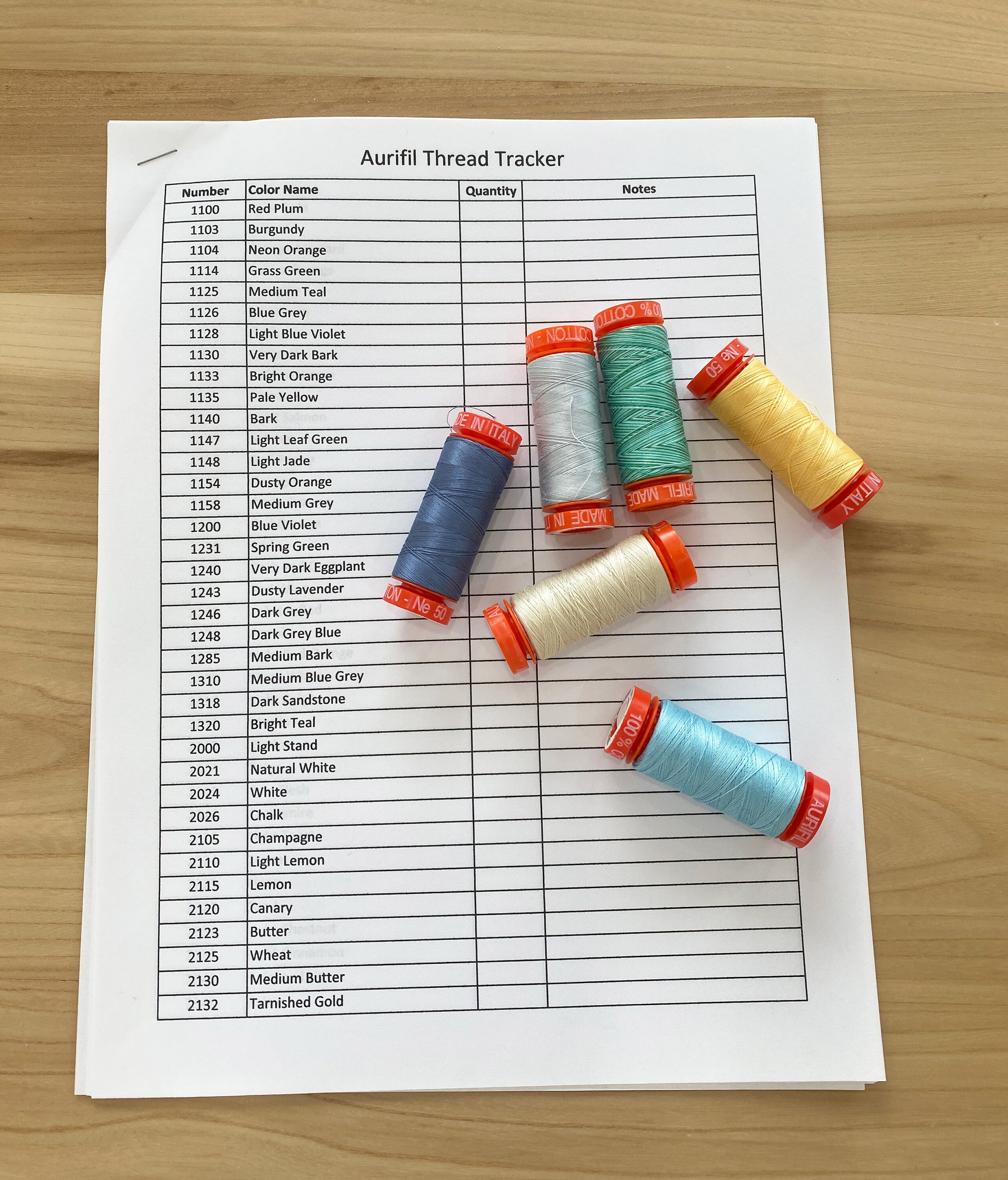 Aurifil Thread Tracker printable and Editable PDF and XLSX Track Sewing ...