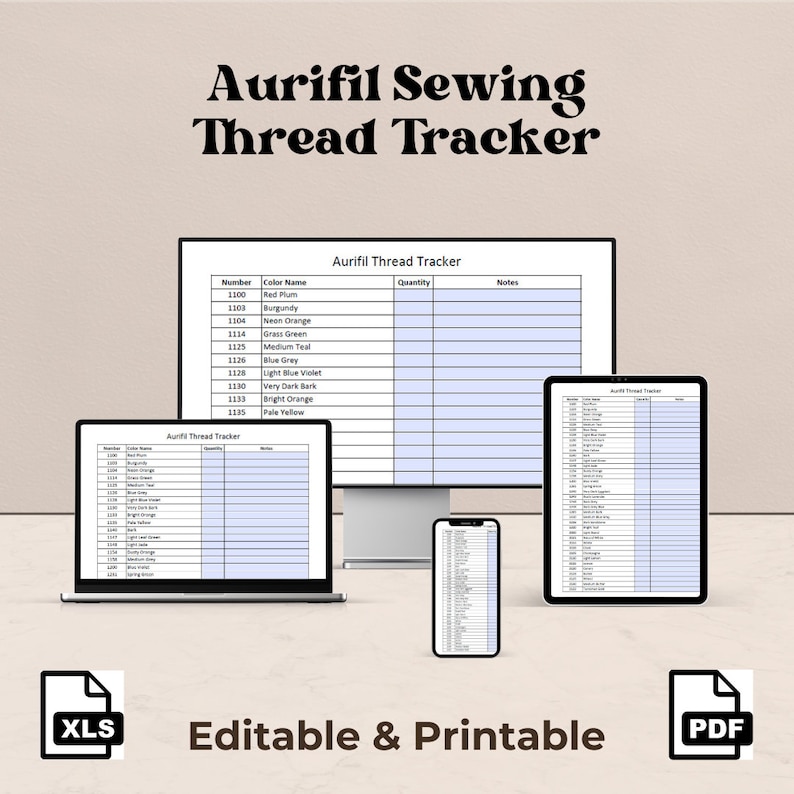 Aurifil Thread Tracker (printable and Editable) (PDF and XLSX) Track ...