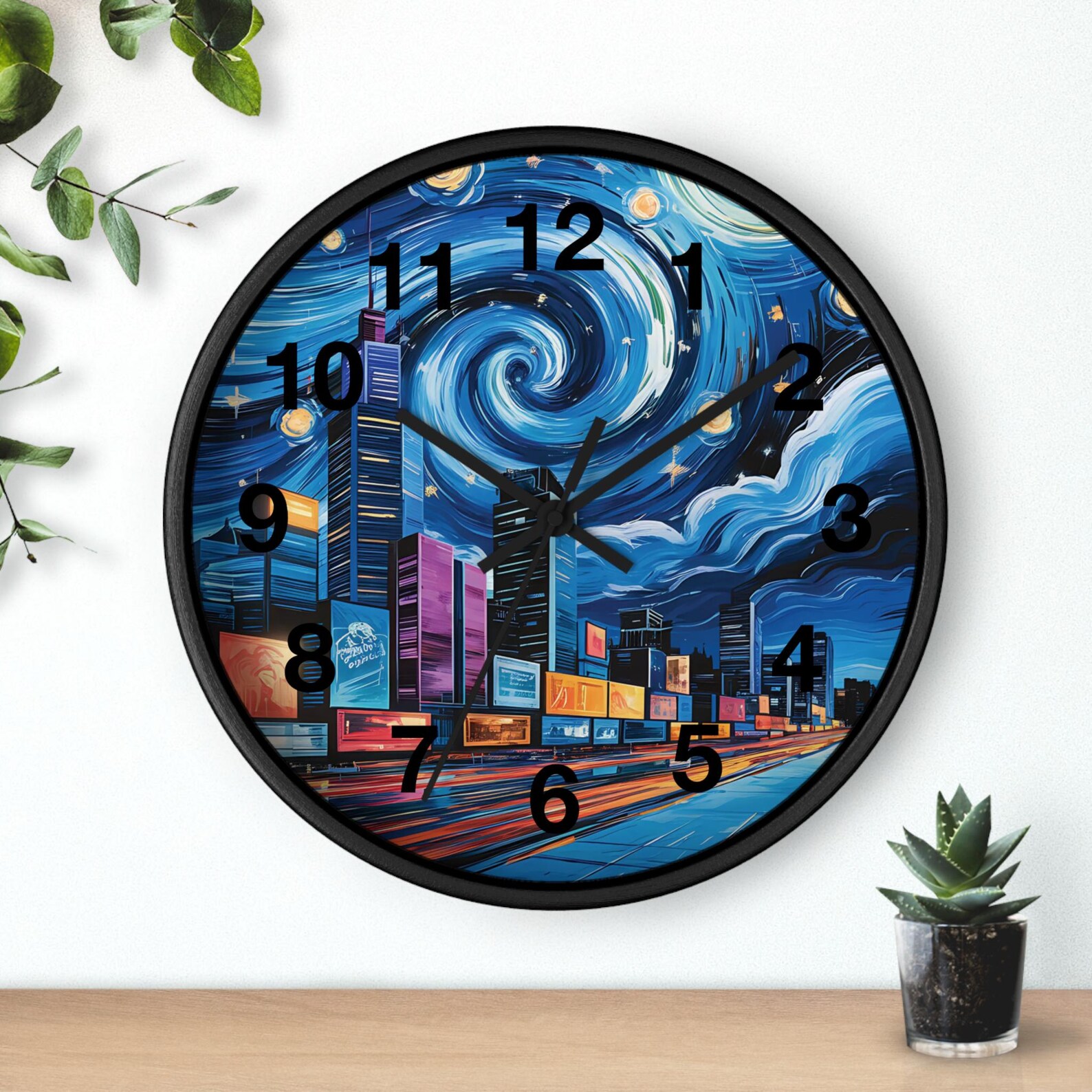 Night Sky City Style Wall Clock, Impressionist Urban Nightscape Home ...
