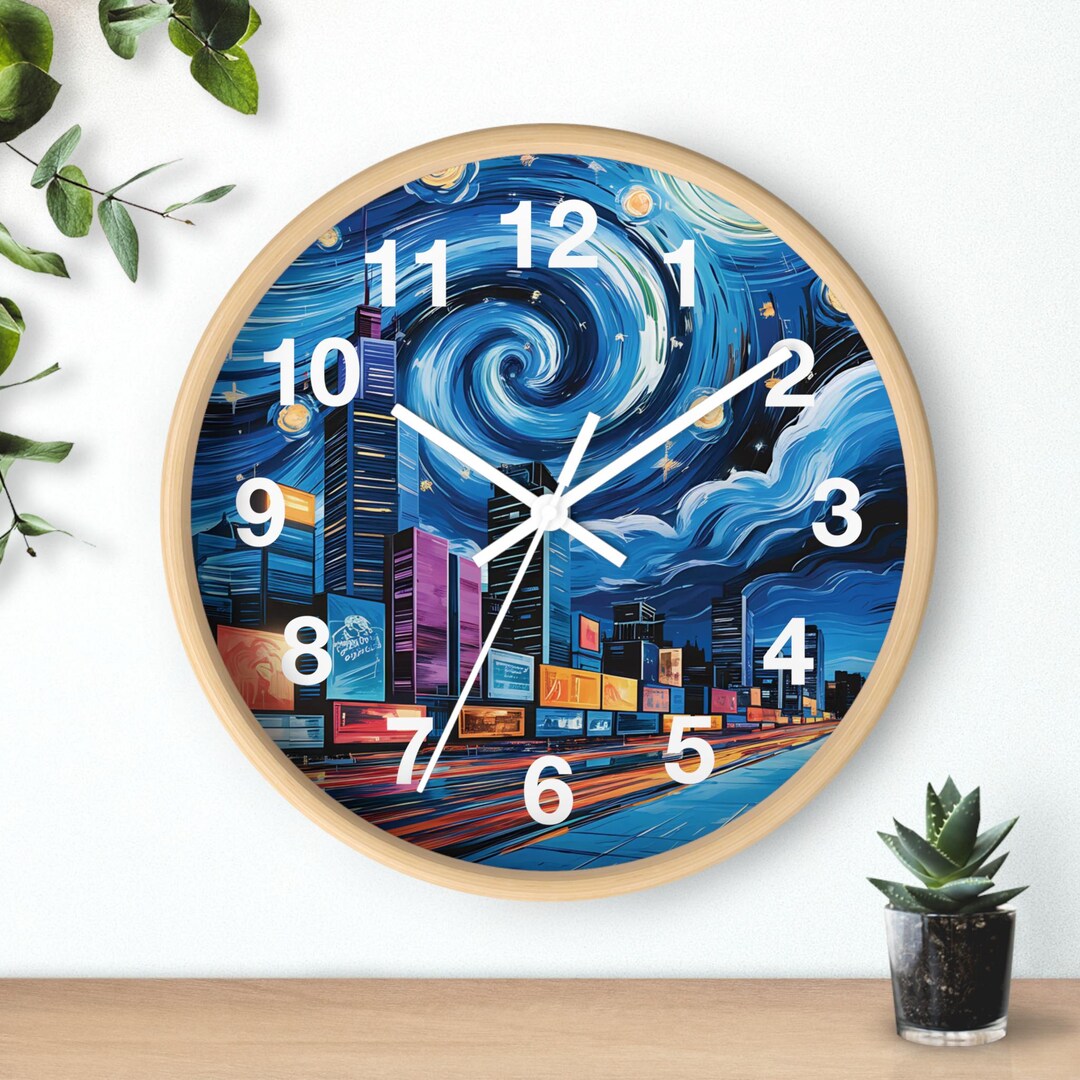 Night Sky City Style Wall Clock, Impressionist Urban Nightscape Home ...