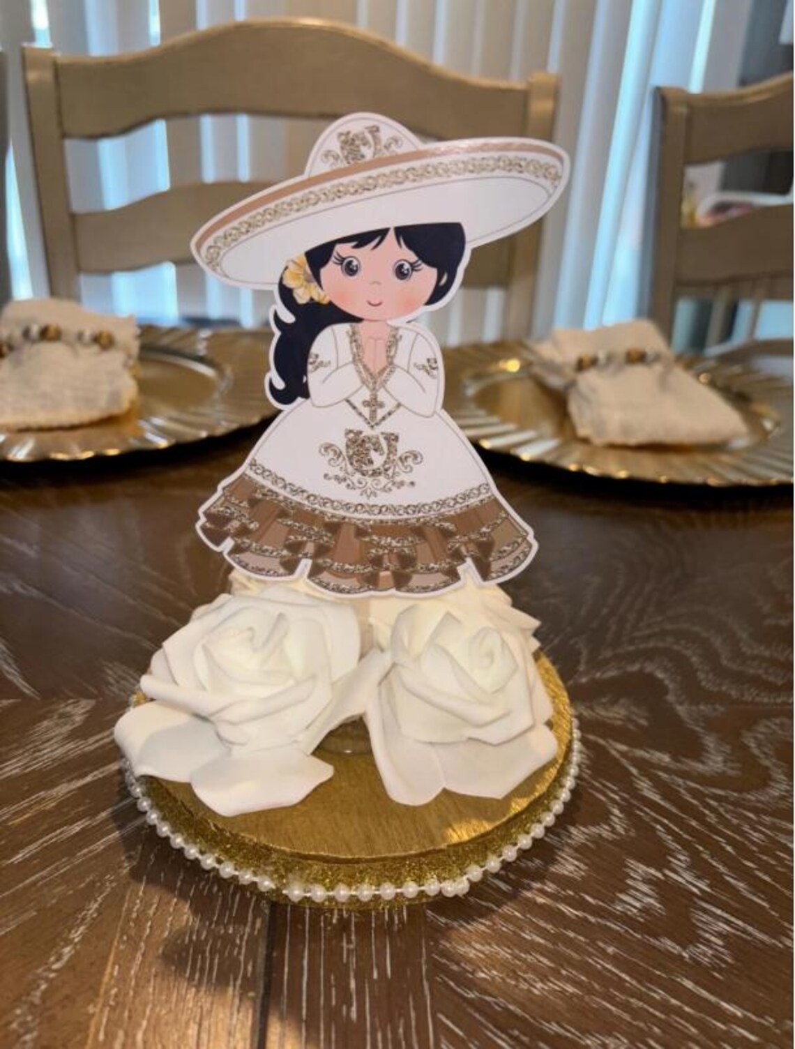 Gold Charrita Centerpiece, Bautizo, First Birthday Cake Topper, Mexican ...