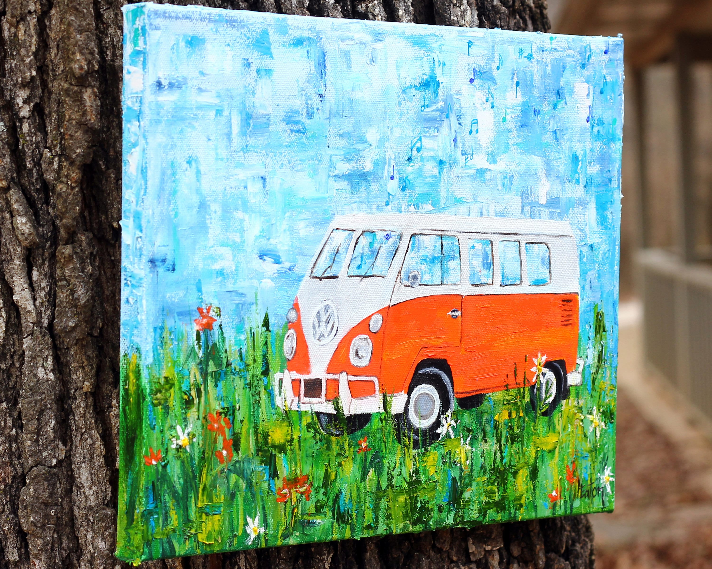 VW Van, Original Oil Painting, 11"x 14", Hippy, Volkswagen, Red Van ...