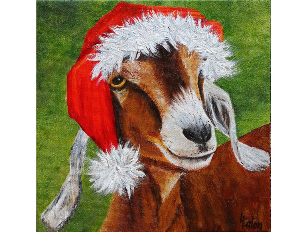 Santa Goat Oil Painting: Whimsical Christmas Farm Animal Art (8x8) - Etsy