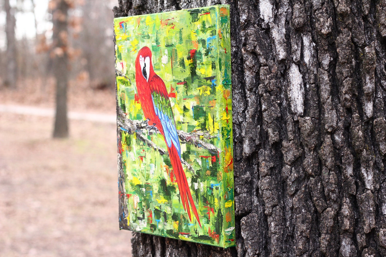 Red Parrot, Macaw, Original Oil Painting, 9"x 12", Red, Palette Knife ...