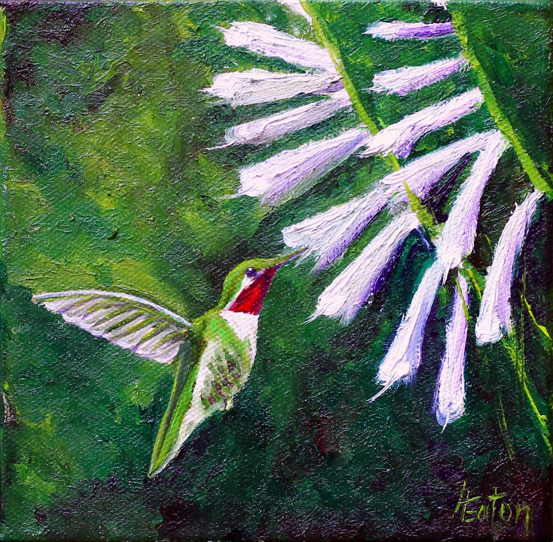 Hummingbird Oil Painting: Ruby Throated Hummer & Hosta - Etsy