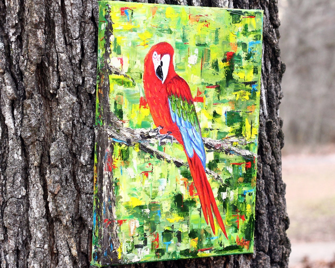 Red Parrot, Macaw, Original Oil Painting, 9"x 12", Red, Palette Knife ...