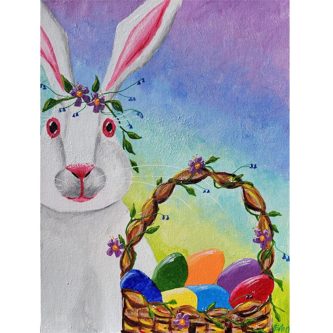 Easter Bunny Acrylic Painting, White Rabbit, Easter Basket, 12"x 16 ...