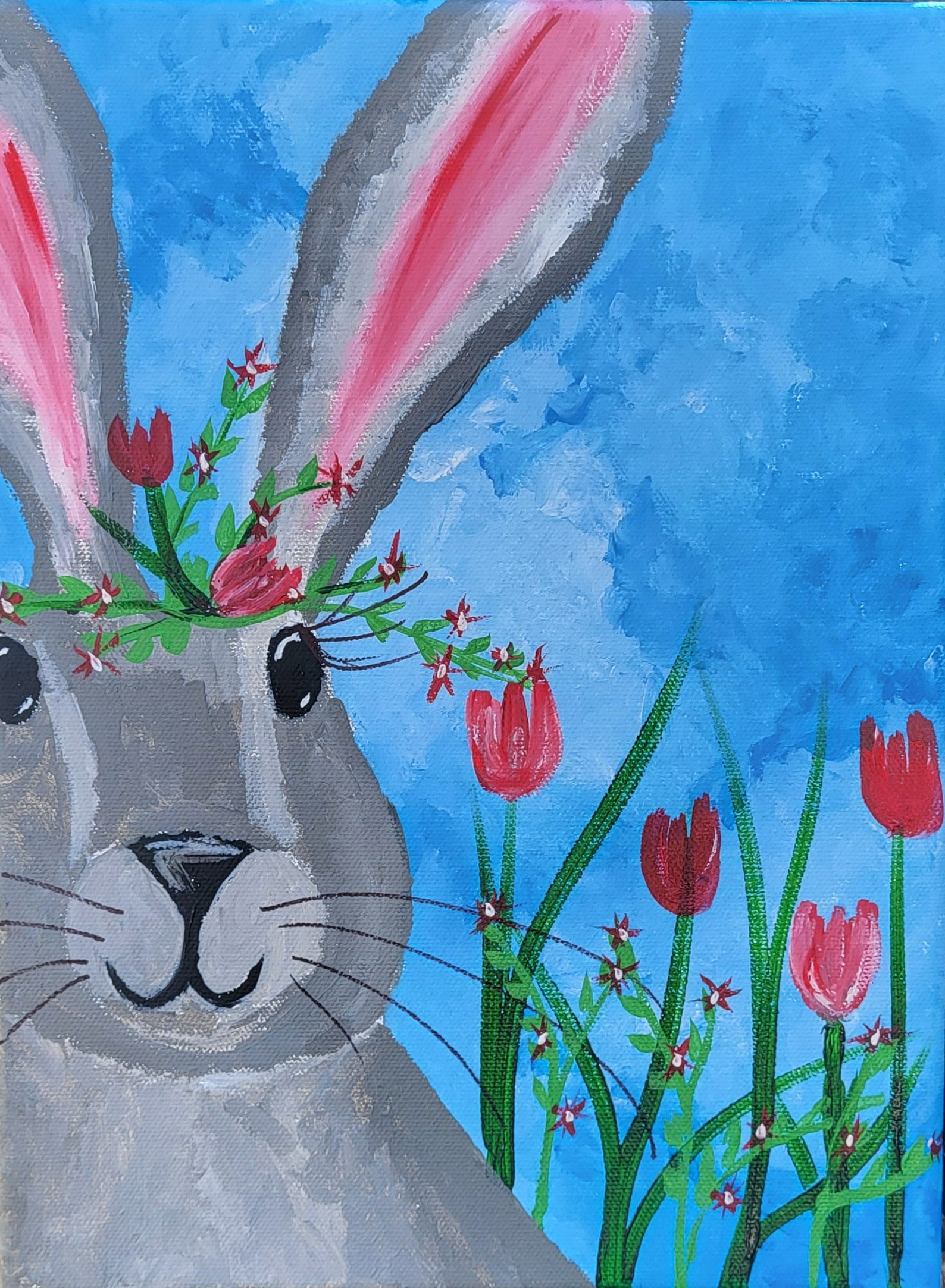 Gray Bunny, Acrylic Painting, 9"x 12", Tulips, Spring Flowers, Happy ...