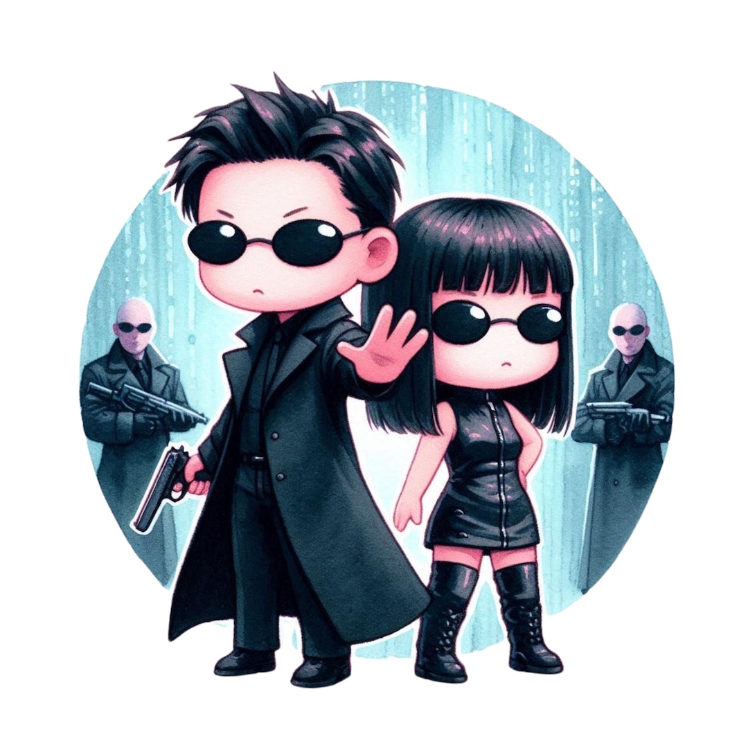 Watercolor Kawaii Matrix Clipart Cute Illustration of Neo and Trinity ...